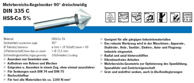 DIN 335 C Mehrbereichs-Kegelsenker 90°, cobaltlegiert HSS ...