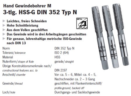 DIN 352 N Handgewindebohrer, Regelgewinde HSS - geschliffen - bei ...
