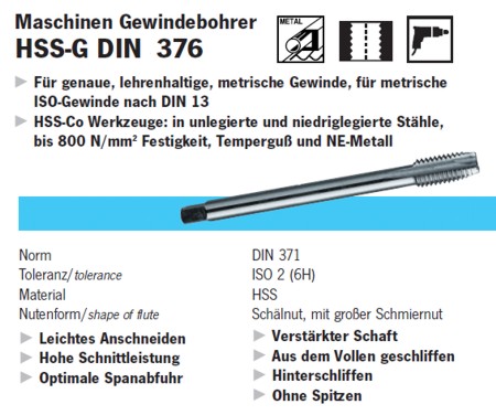 DIN 376 Maschinengewindebohrer für Durchgangslöcher, Regelgewinde HSS ...